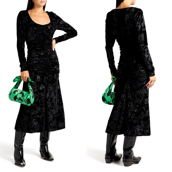 Ganni | Dresses | Ganni Ruched Velvetjacquard Midi Dress | Poshmark